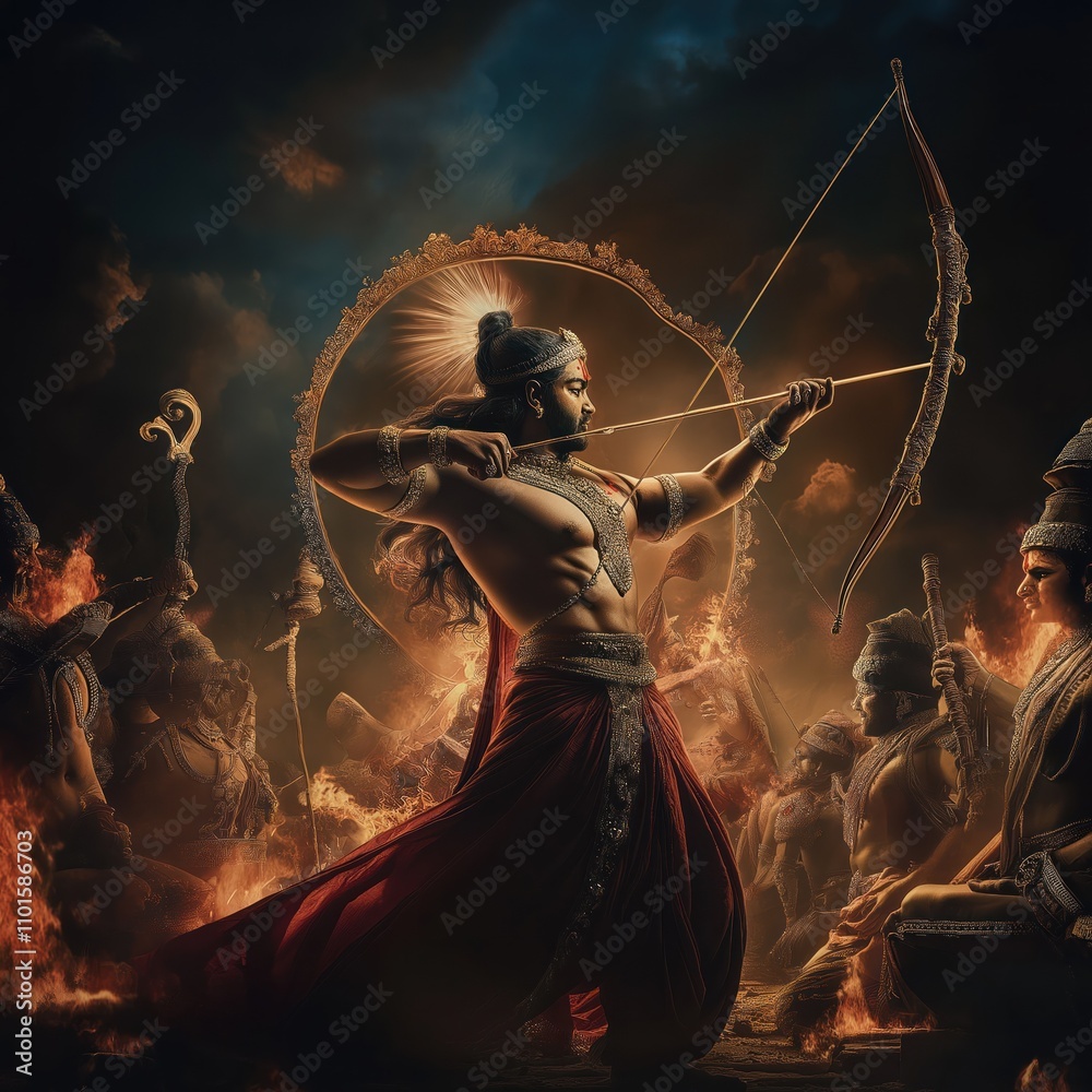Lord Rama in action, aiming arrow at war. Fierce battle scene. Many ...