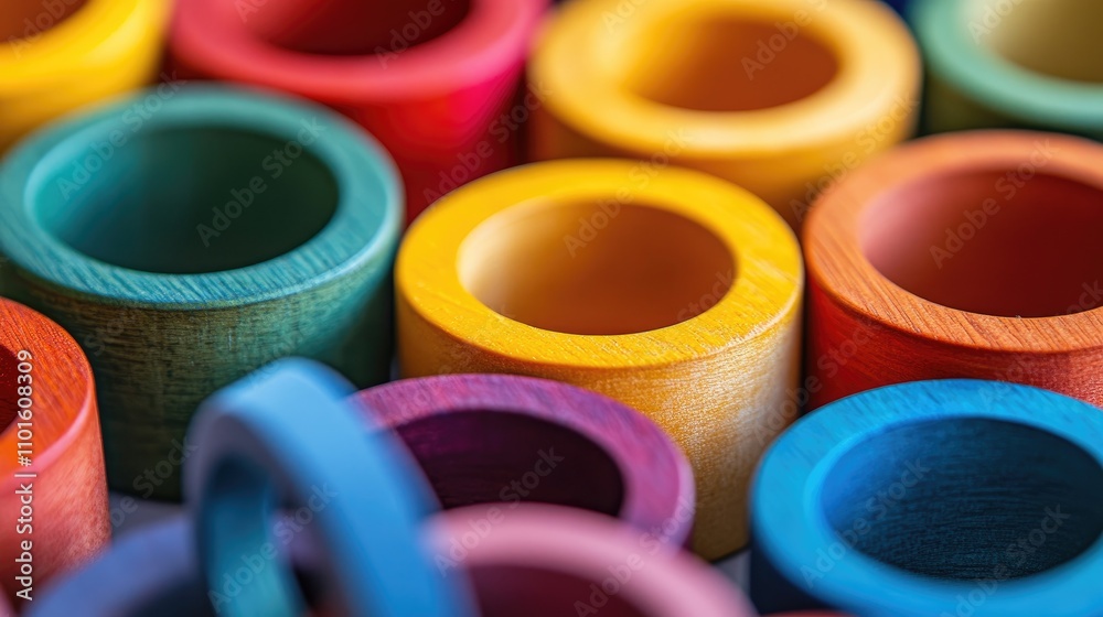 Colorful wooden rings symbolizing diversity and inclusion, arranged in ...