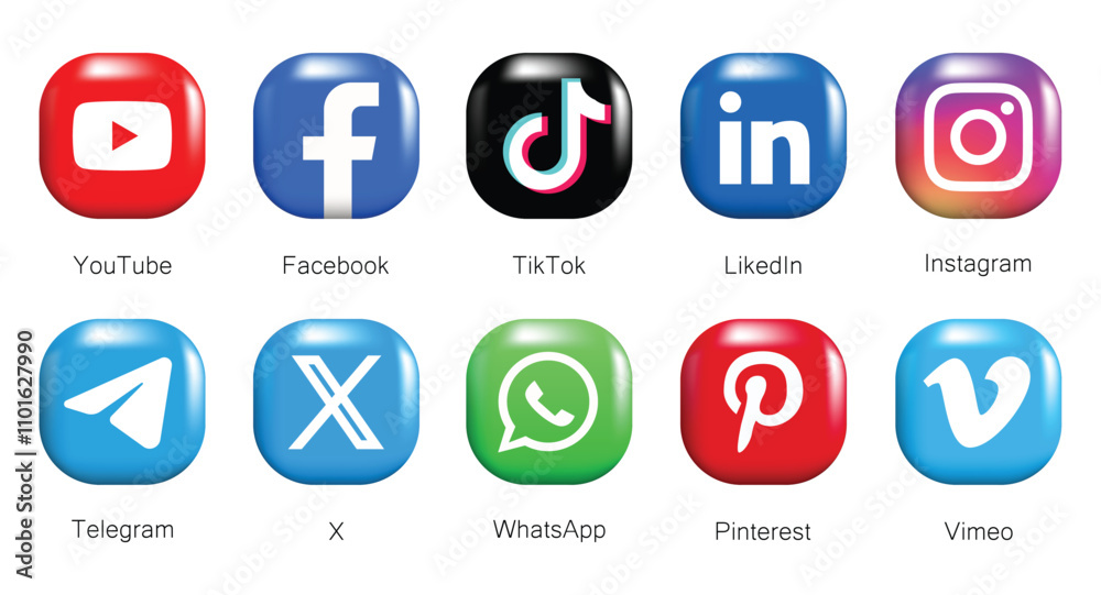 Popular social media icons. Social media 3d icons isolated on ...