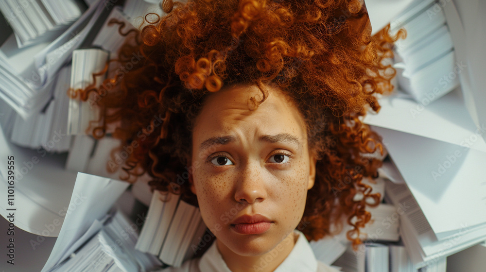 Top view on student woman exhausted around chaotic and disorganized ...