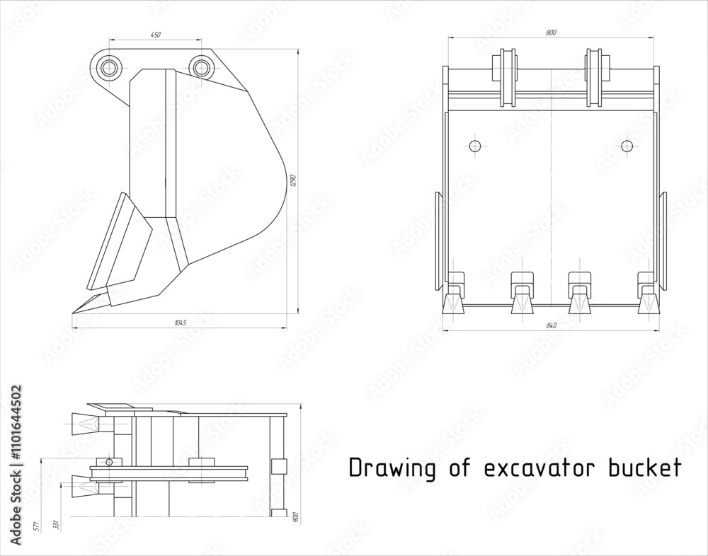 Vector bucket of earthmoving machine. Technical drawing of tractor part ...