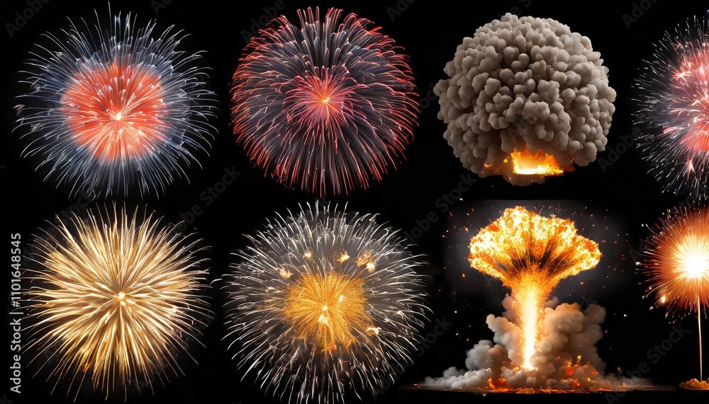 Dynamic set of explosions with realistic details isolated on a ...
