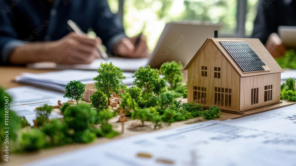 Consultants reviewing reports on sustainable housing development, warm ...