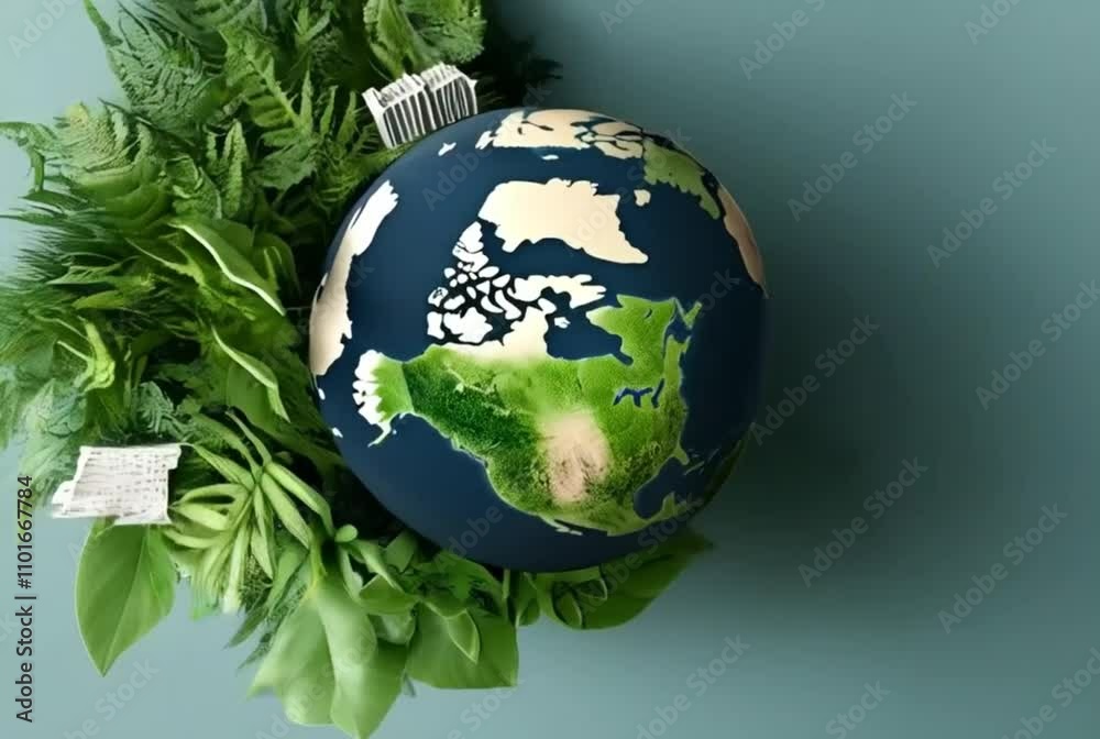 Buildings growing around rotating earth globe surrounded by plants ...
