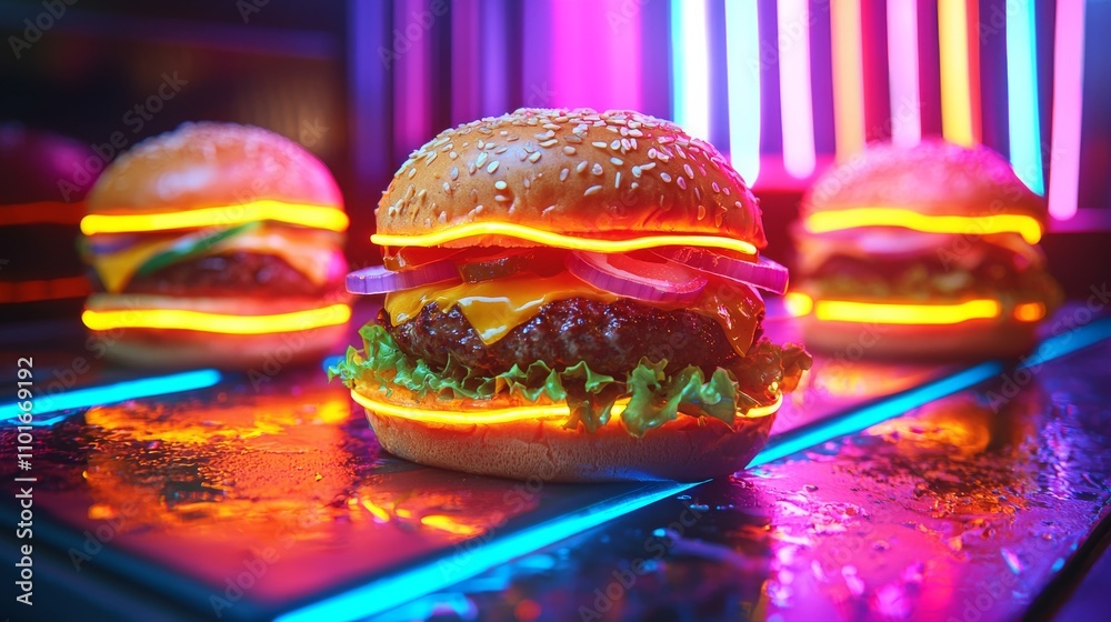 Neon burger delight urban diner food photography nighttime setting ...