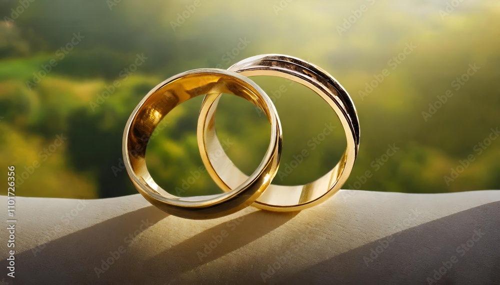 Elegant close-up of two intertwined golden wedding rings cut out on a ...