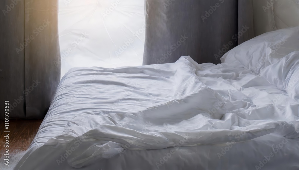 Soft White Bedding Sheets and Pillow Background Featuring a Naturally Messy Bed, Perfect for ...