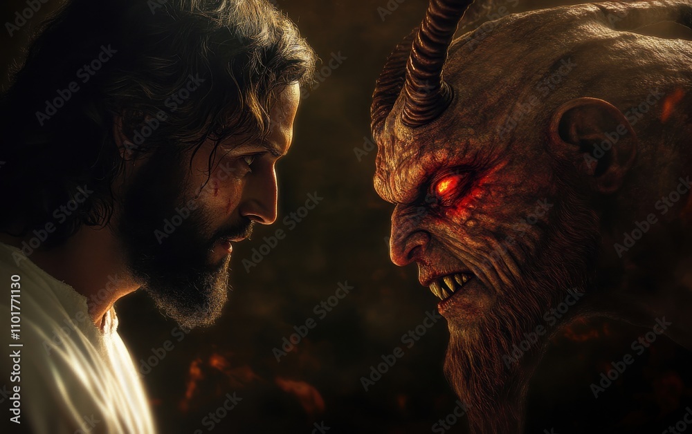 A dramatic, hyper-realistic image of Jesus confronting the devil ...