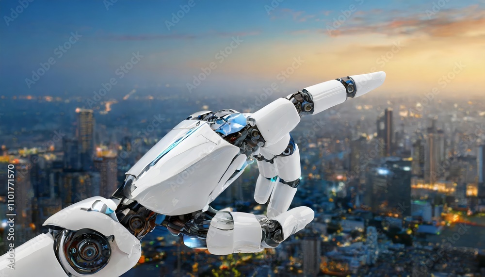 Futuristic white cyborg robotic hand extending a single finger in a ...