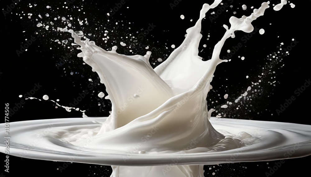 Dynamic white milk wave splash with splatters and drops in motion ...