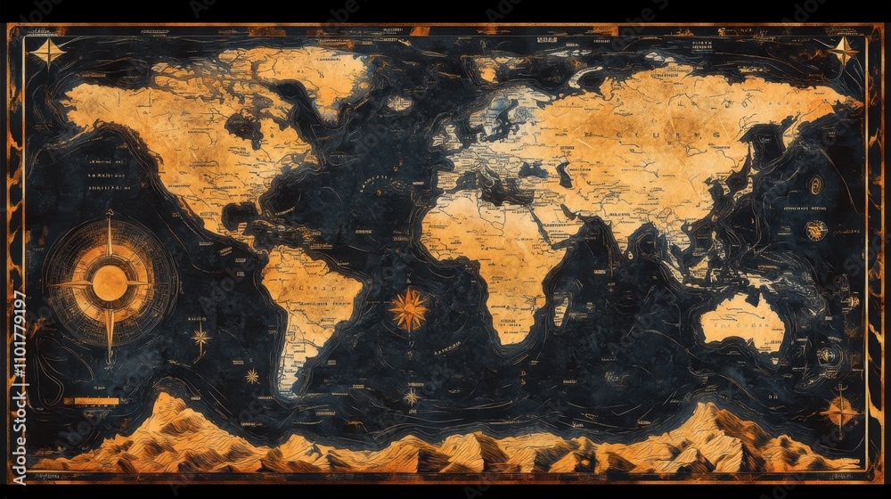Retro-inspired world map with dark earthy tones, emphasizing global ...