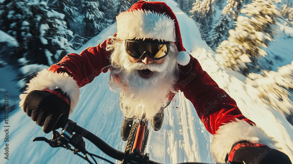 Santa Claus riding a mountain bike on a snowy forest trail, wearing ...