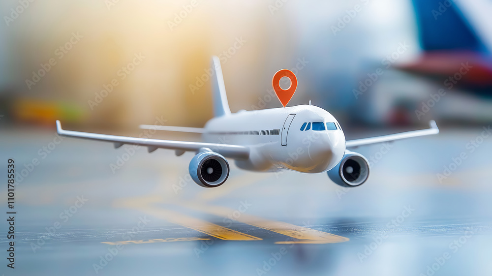 Conceptual image of an airplane with a location pin, symbolizing global ...