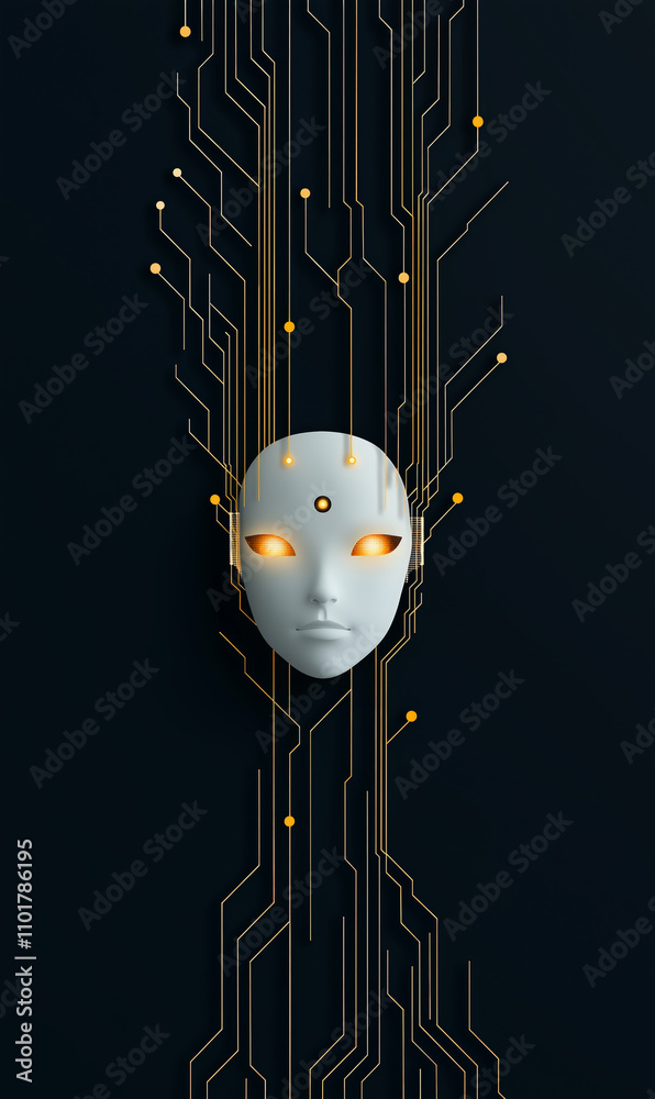 Futuristic robotic face with glowing eyes, connected to circuit-like ...
