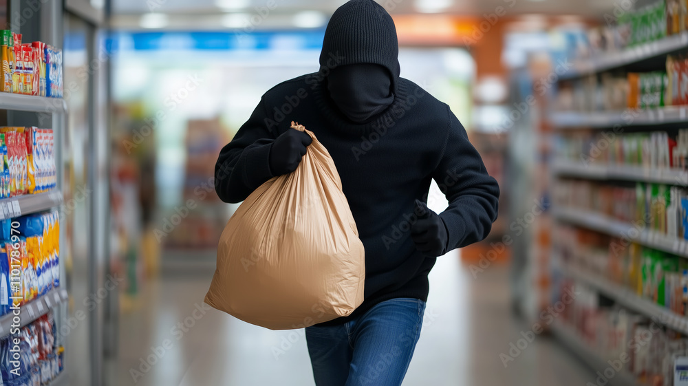 Hooded figure carrying a large bag while moving through a store aisle ...