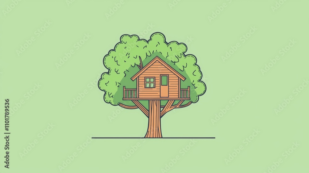 A clean line drawing of a treehouse, placed on a flat soft green ...