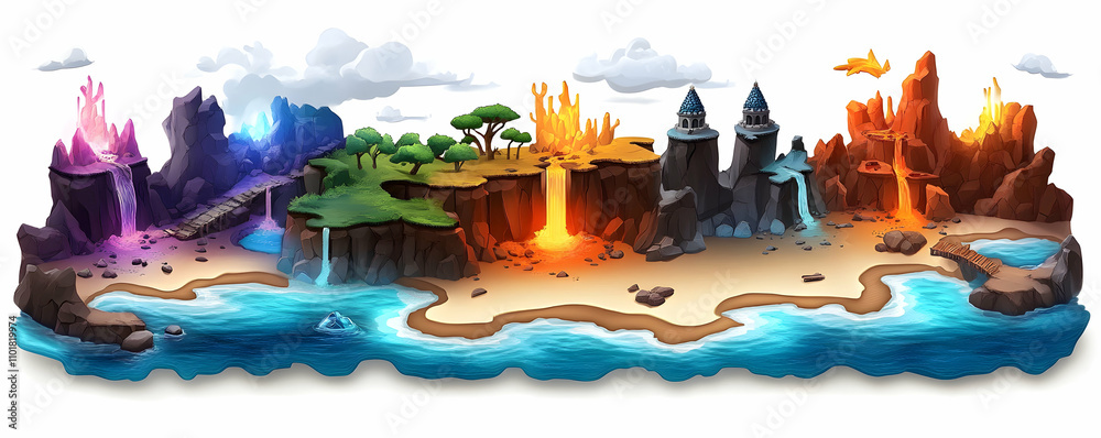 Fantasy Island, Elemental Landscapes with Magical Castles and Cascading ...