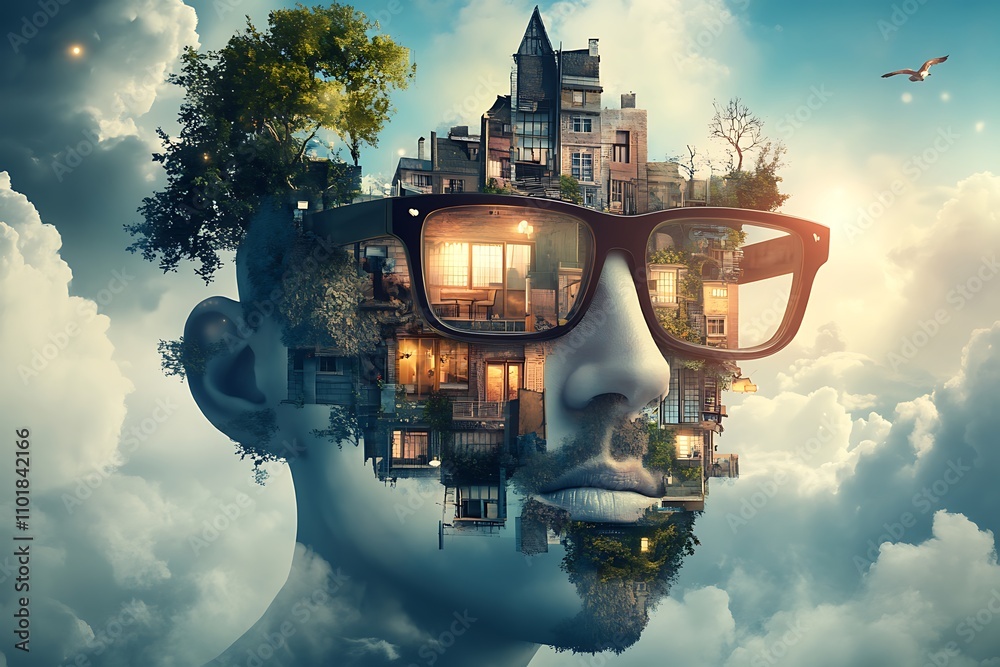 Surreal depiction of a human head filled with architectural structures ...