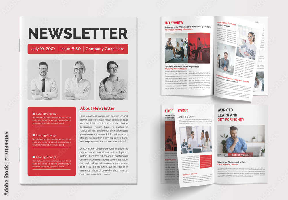 Corporate Newsletter With Red Accents Stock Template | Adobe Stock