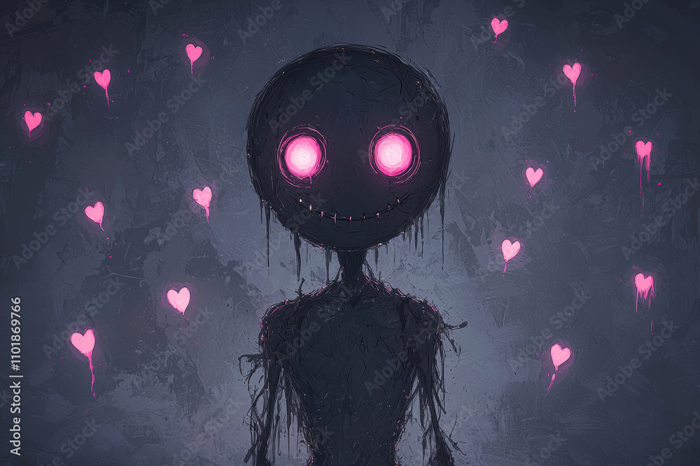 dark, whimsical character with glowing pink eyes stands against ...
