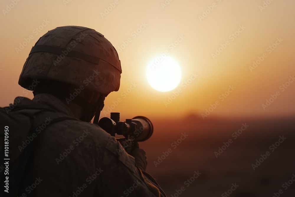 Soldier aiming through rifle scope during sunset in an outdoor setting ...