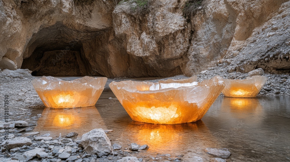 Three glowing, crystalline bowls float in a shallow pool of water in ...