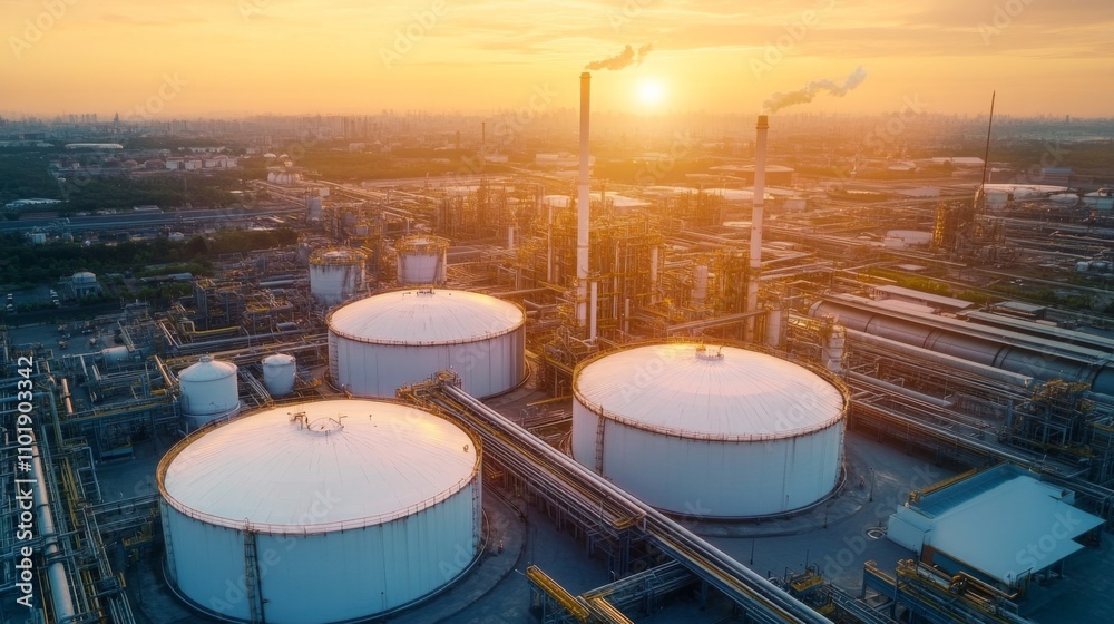Sunrise over a sprawling refinery complex, showcasing industrial might ...