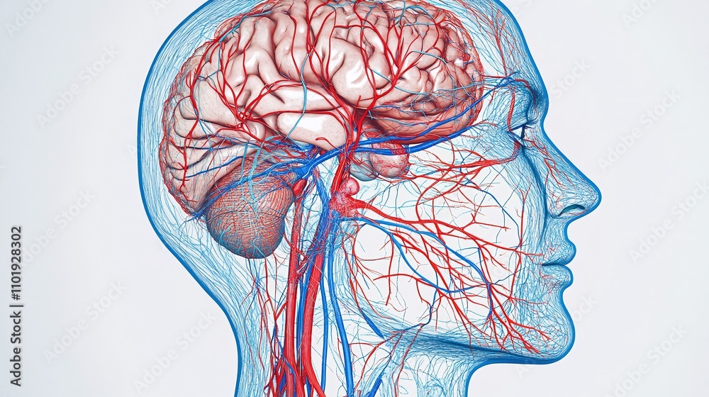 anatomy of the brain and vascular system in medical illustration for ...