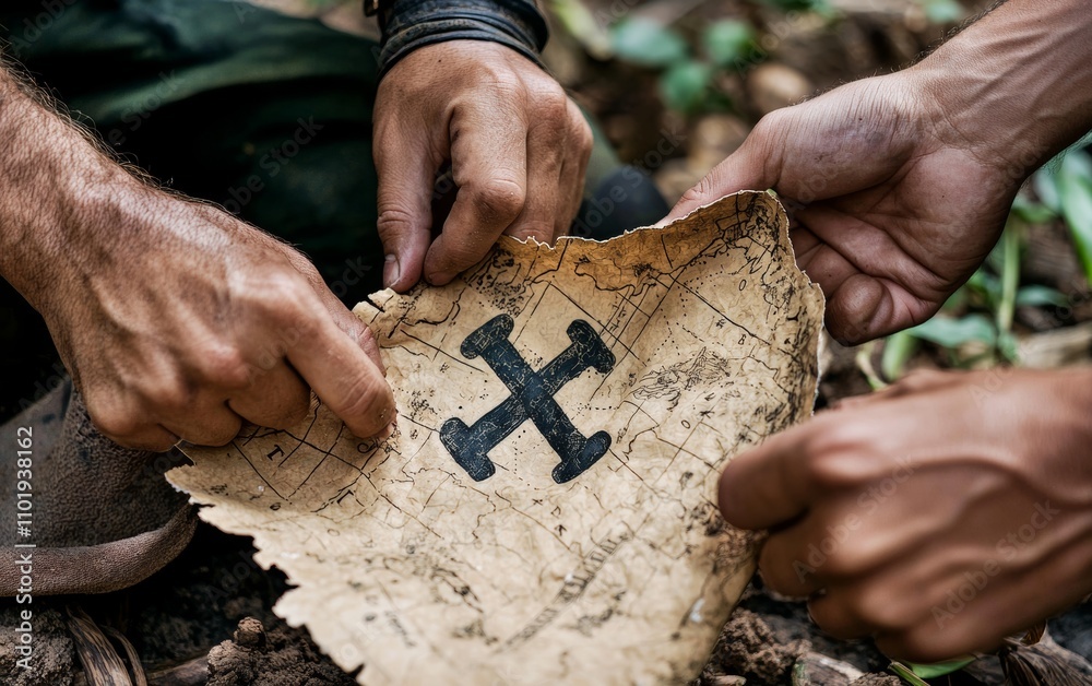 Pirates marking an X on a treasure map, preparing for their journey ...