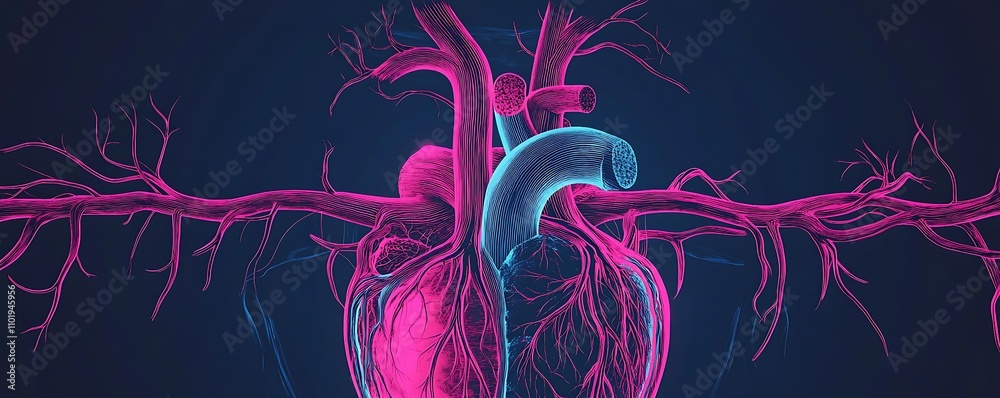 Detailed heart and circulation diagram with vibrant neon pink and deep ...