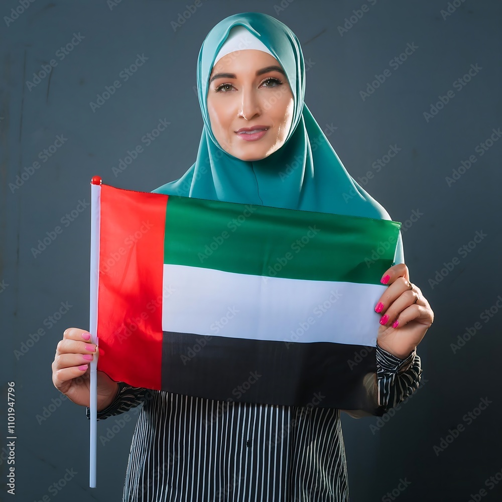 Arab middle eastern woman in hijab celebrating UAE National day ...