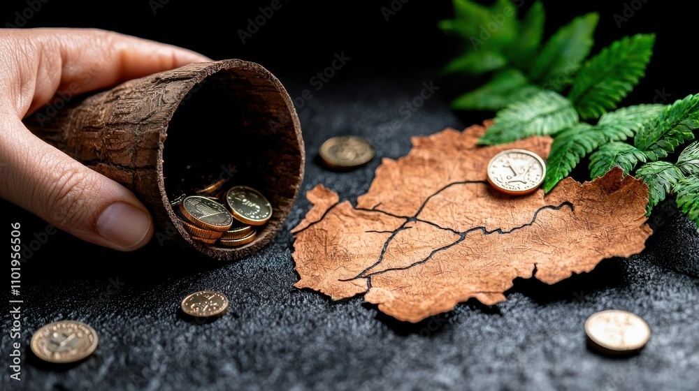 ภาพประกอบสต็อก Coins spilling from a vintage wooden treasure chest on a ...