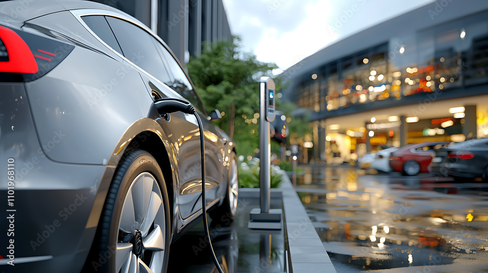 Ev charging dock at shopping mall parking lot urban environment ...