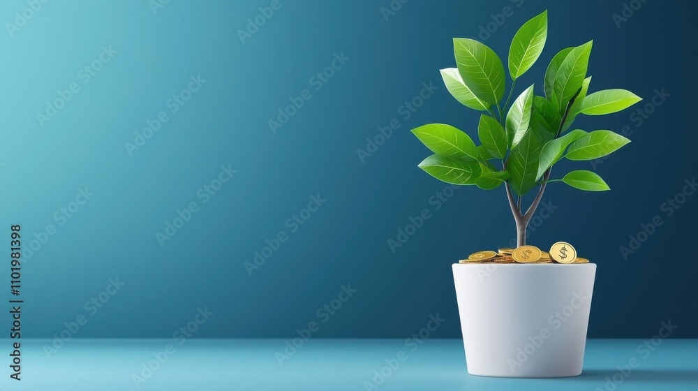 Potted green plant with fresh leaves growing on wooden table signifying ...
