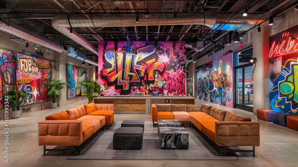 The photo showcases a fusion fast-casual restaurant with bold graffiti ...
