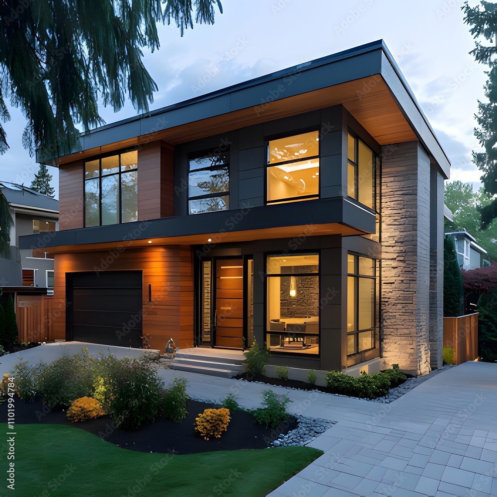 A modern two-story house with a sleek design and warm lighting. The ...