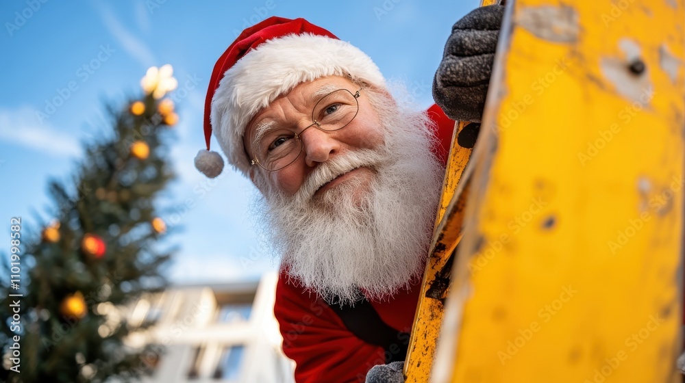 Santa Claus peeks around a corner with a merry twinkle in his glasses ...
