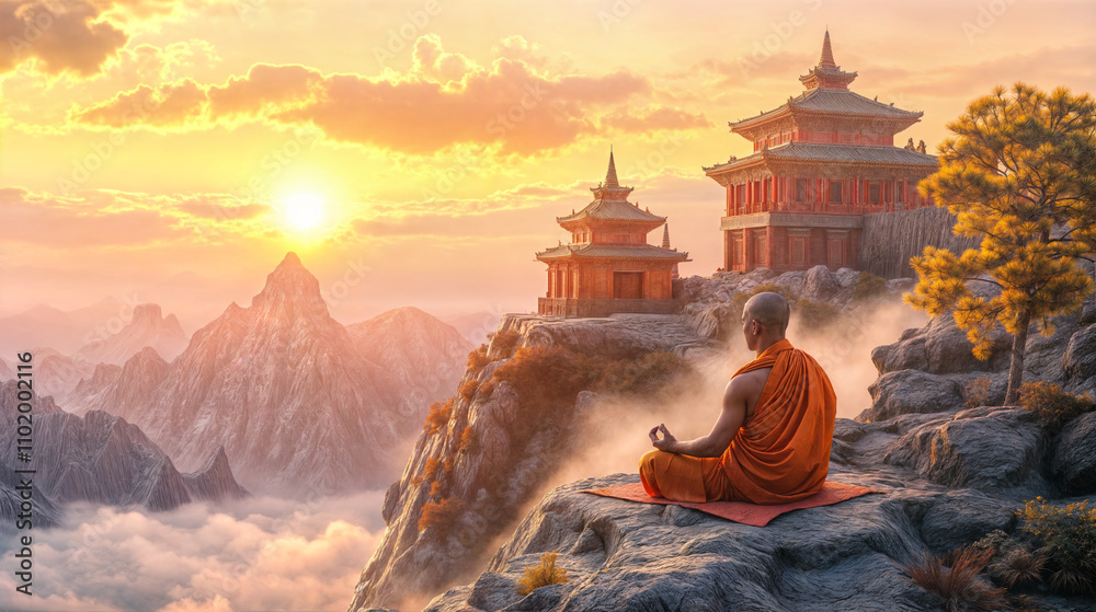 Guru meditating on a mountain peak, surrounded by a backdrop of a ...