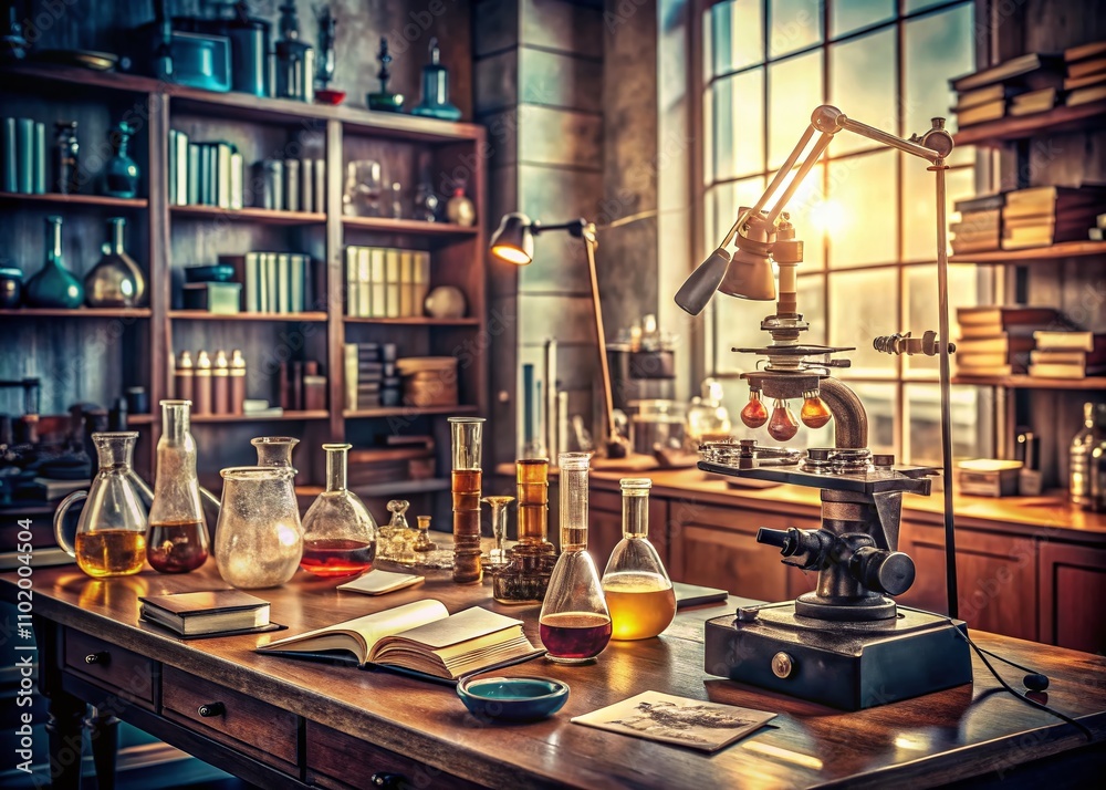 Vintage Style Laboratory Scene Featuring Biotechnology Research and ...