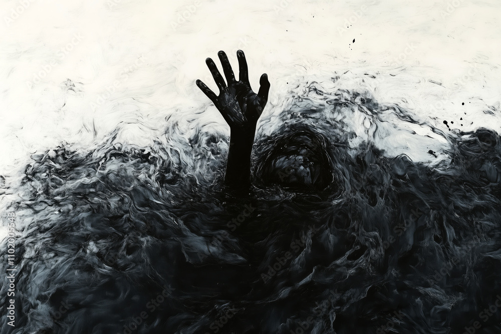 A surreal scene of a person drowning in an ocean of black ink, their ...