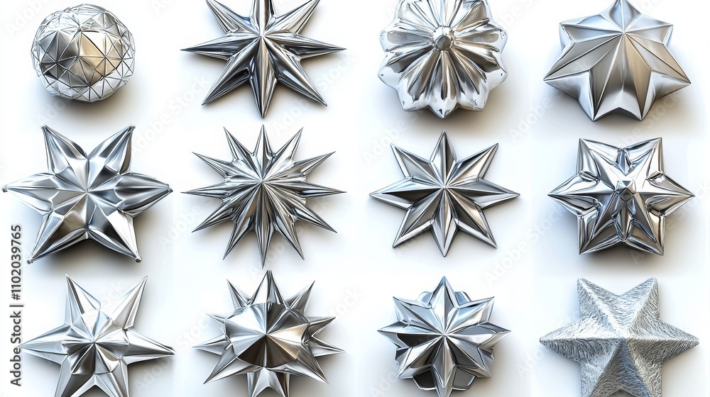 Three-dimensional chrome stars arranged in a Y2K-inspired futuristic ...