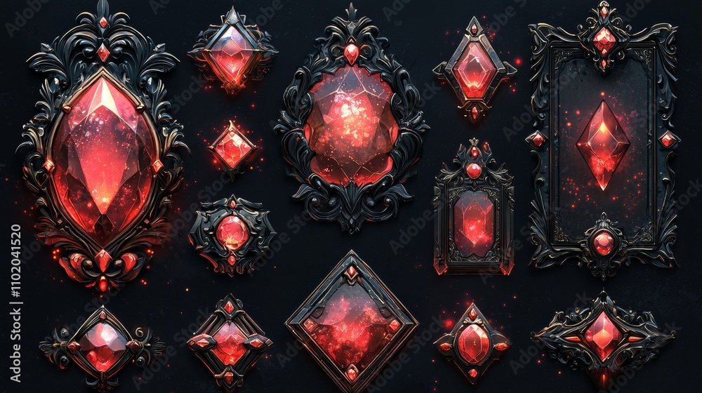 Modern red UI button illustrations for fantasy game banners, along with ...