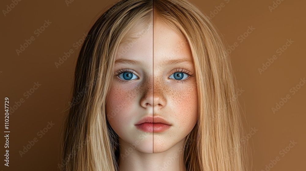 Against a beige background, a young woman's facial skin color and tone ...