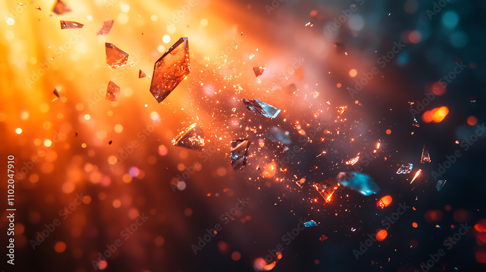 Shattered glass fragments float gracefully in space, refracting and ...