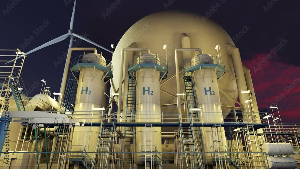 The offshore platform for green hydrogen production. A nighttime view ...