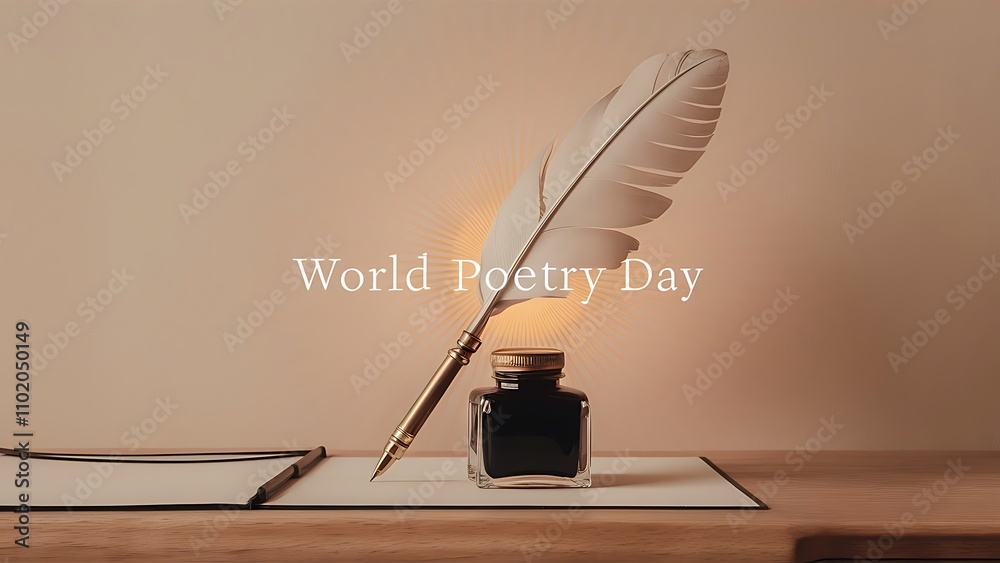 world poetry day, quill and ink bottle with elegant poetry text, AI ...