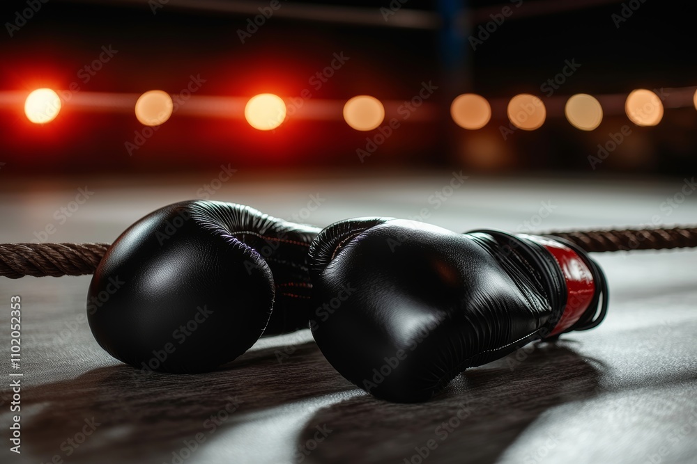 Black boxing gloves rest on the ropes, a dimly lit boxing ring behind ...
