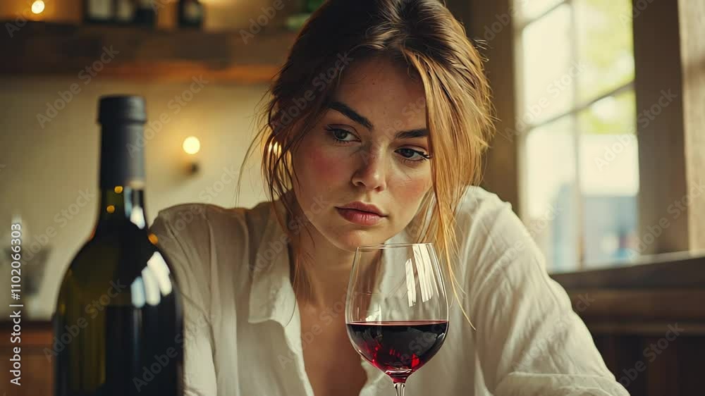 A distraught woman suffering from alcohol addiction sits alone with a ...