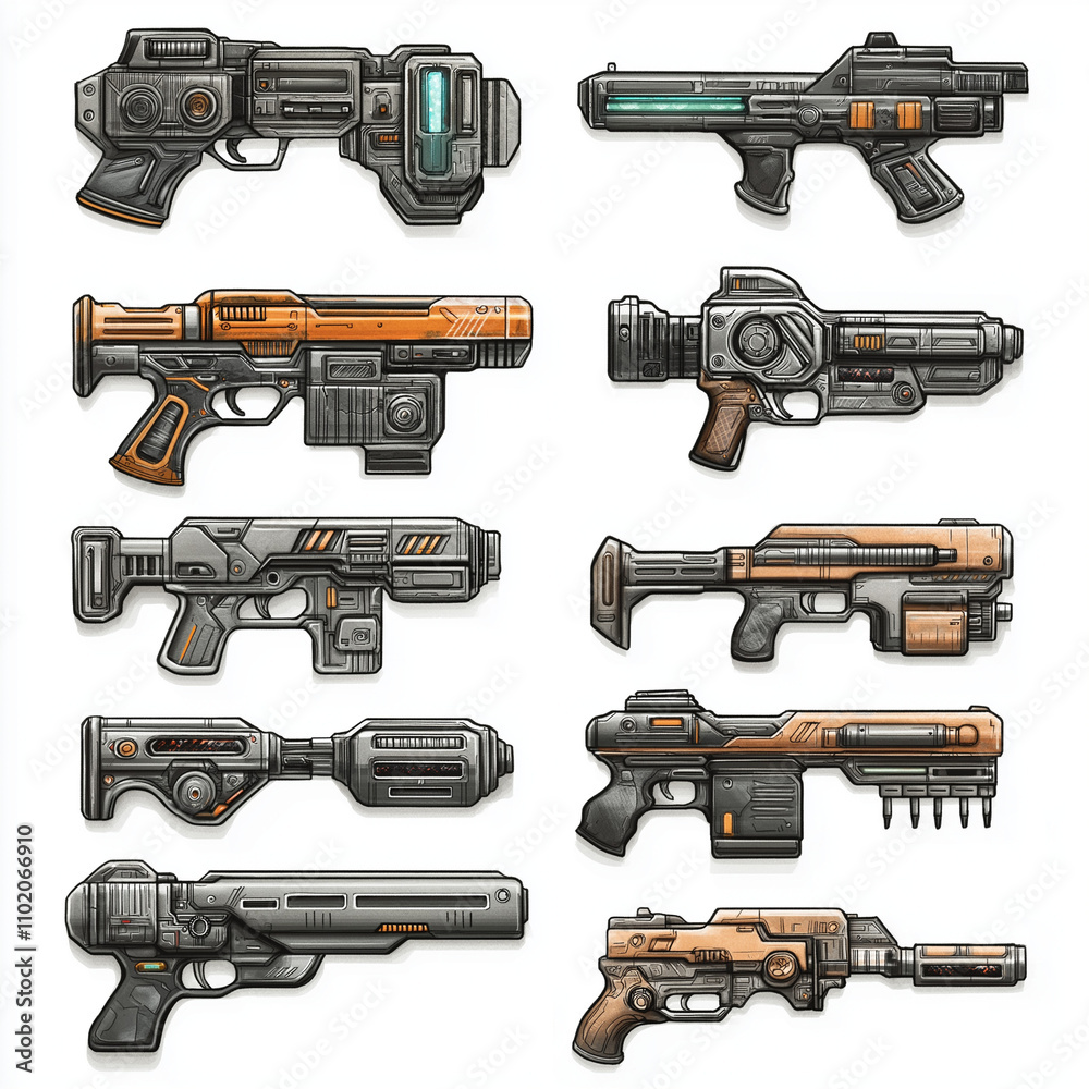 Game assets sprites - set of futuristic, cyber punk, creative guns and ...