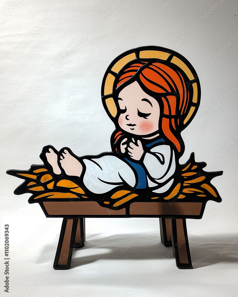 Bay Jesus in a manger, stained glass style isolated on white. A unique ...